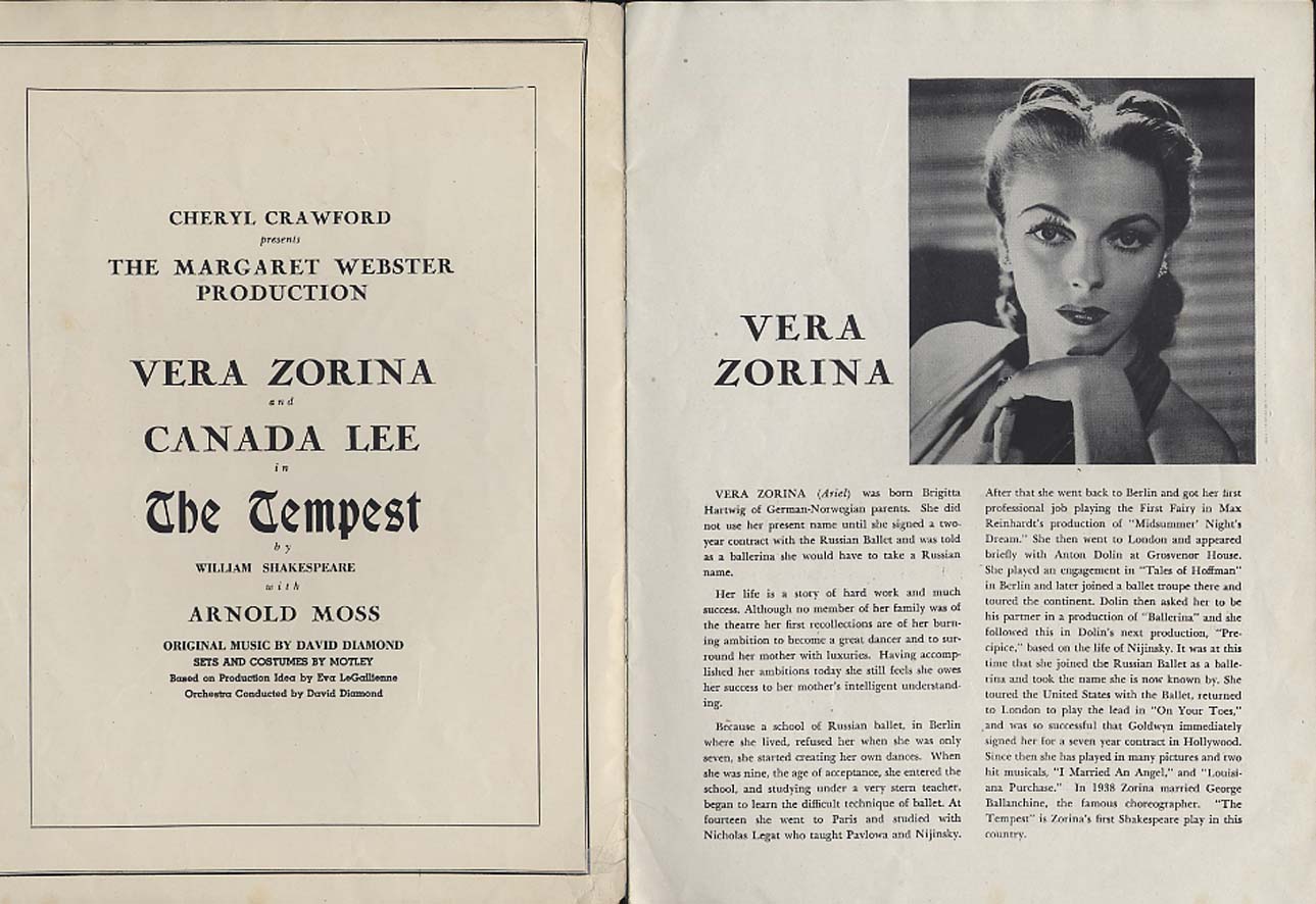 Shakespeare's The Tempest program Vera Zorina Canada Lee 1945