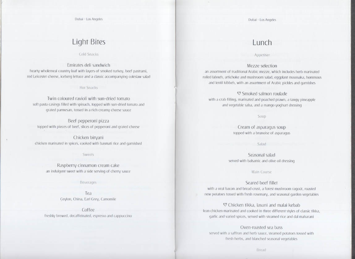 Emirates Airlines Menu Dubai-Los Angeles ca 2000