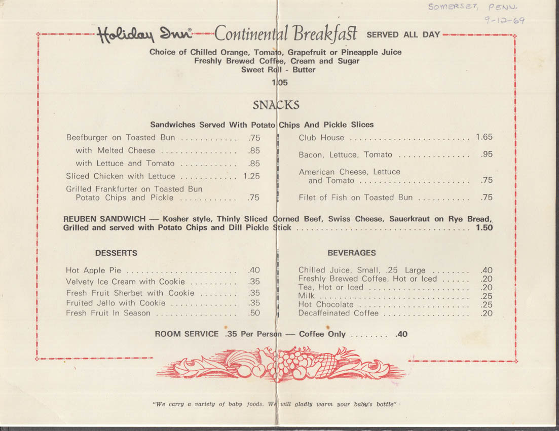 Holiday Inn Room Service Menu 1969 Somerset PA