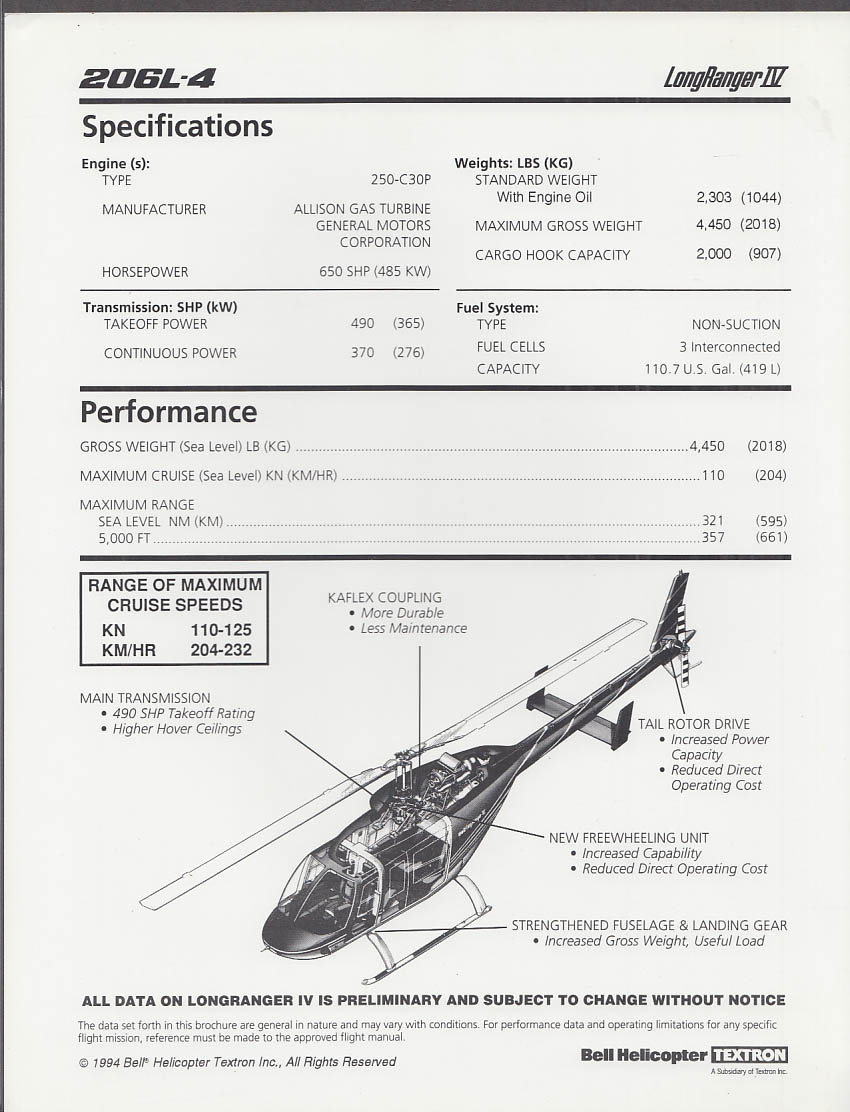 Bell 206L-4 LongRanger IV helicopter specifications sheet 1994
