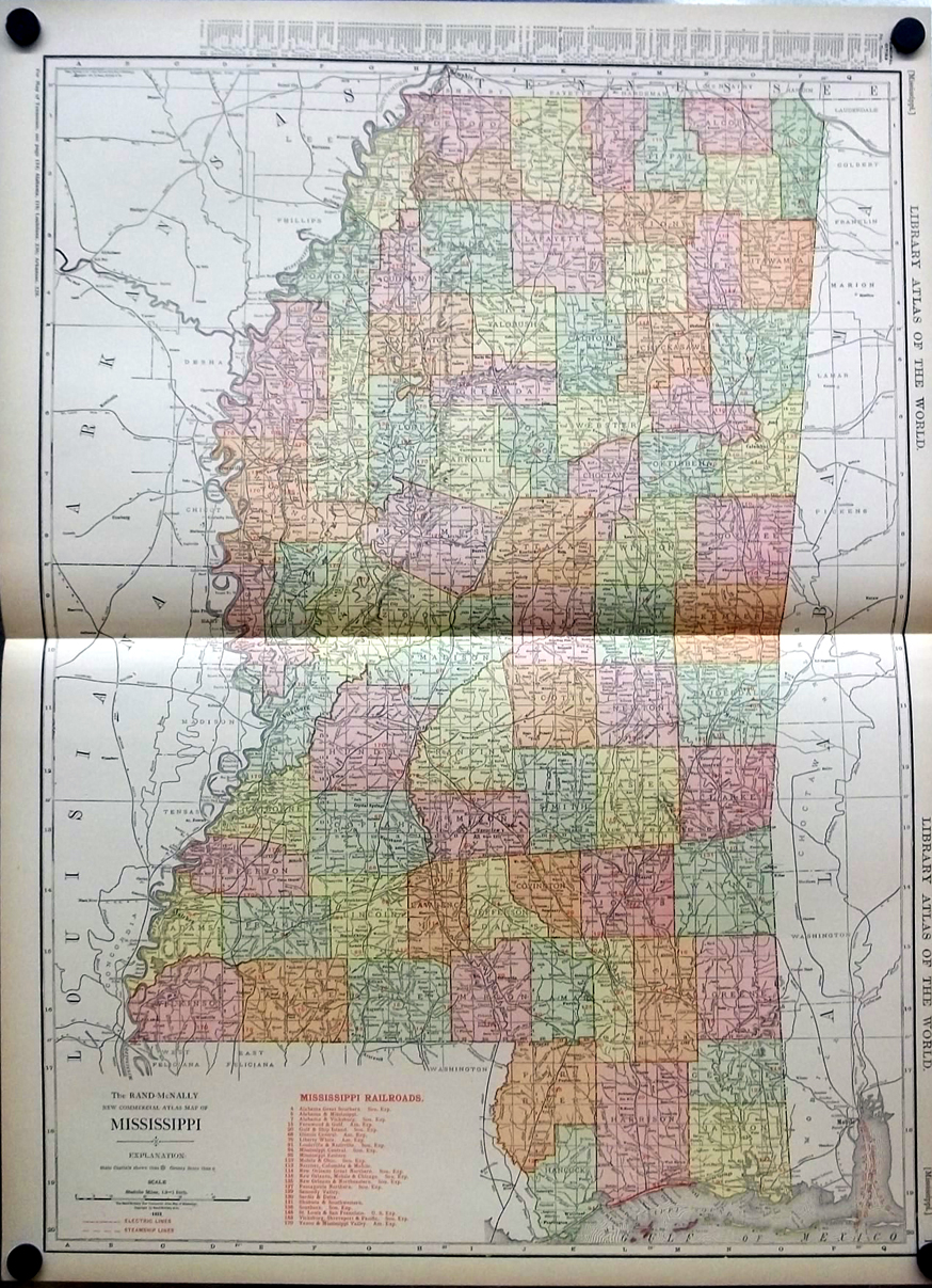 State of Mississippi 1912 Rand McNally color Map with Railroads