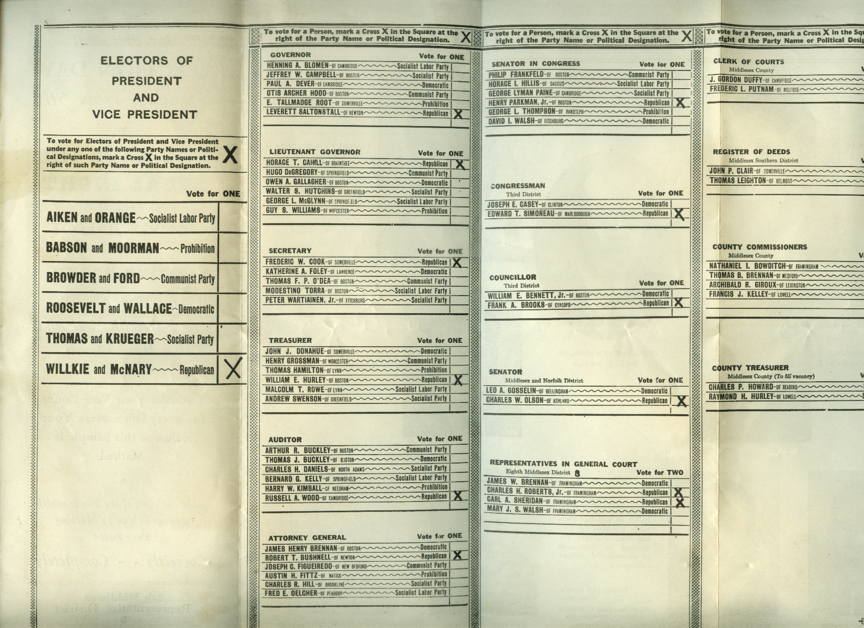 Republican Election Sample Ballot Massachusetts & Presidential 1940 FDR ...