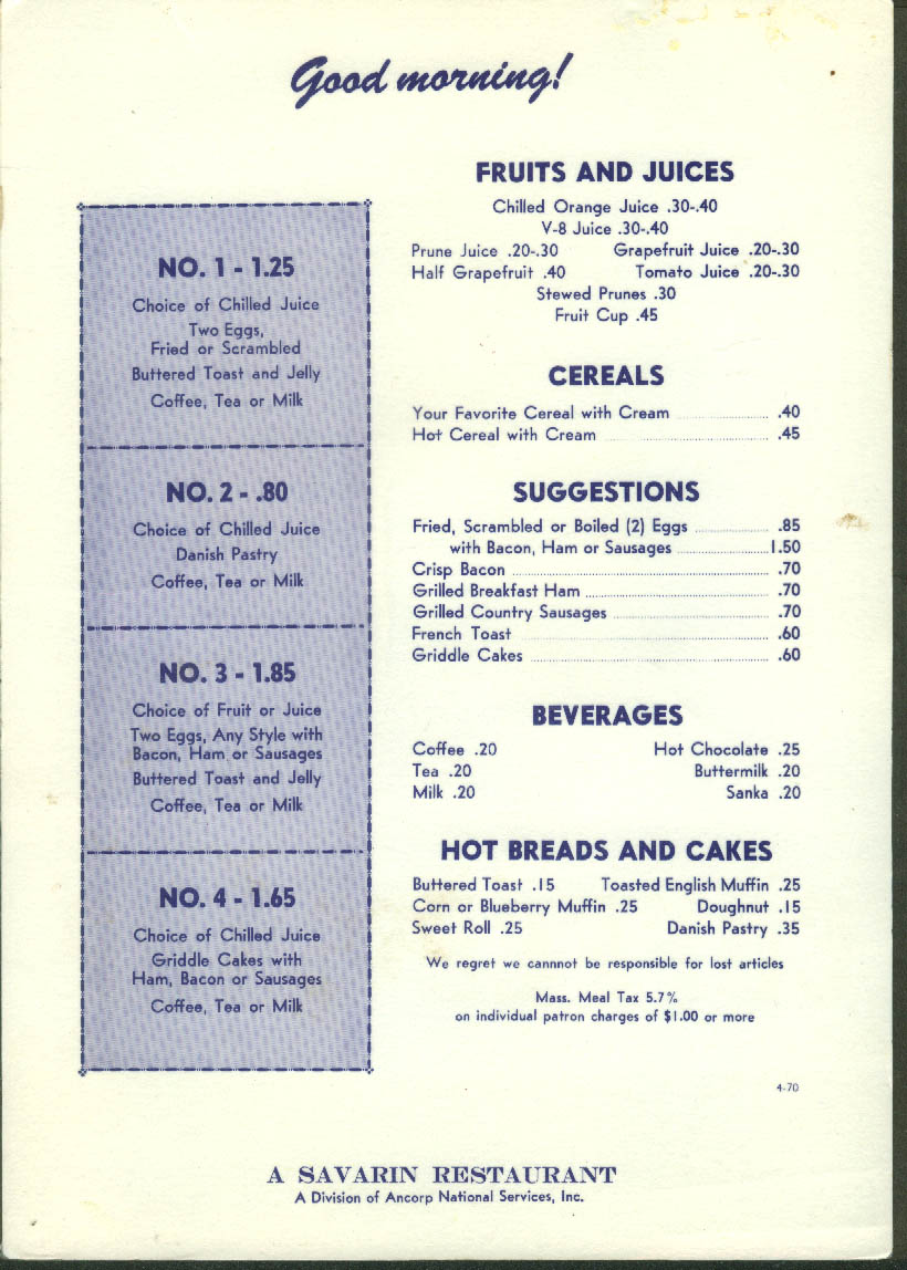 Savarin Restaurant Coffee Shop Breakfast Menu Card 1970
