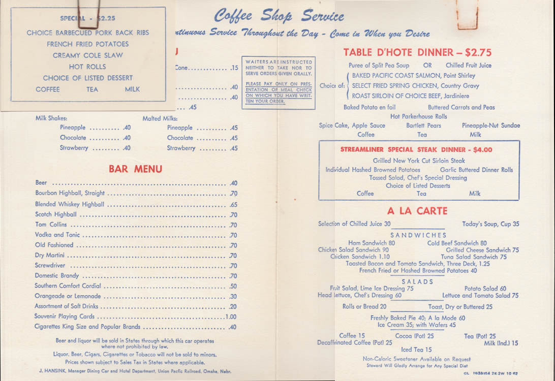 Union Pacific Railroad Coffee Shop Service Menu 1962