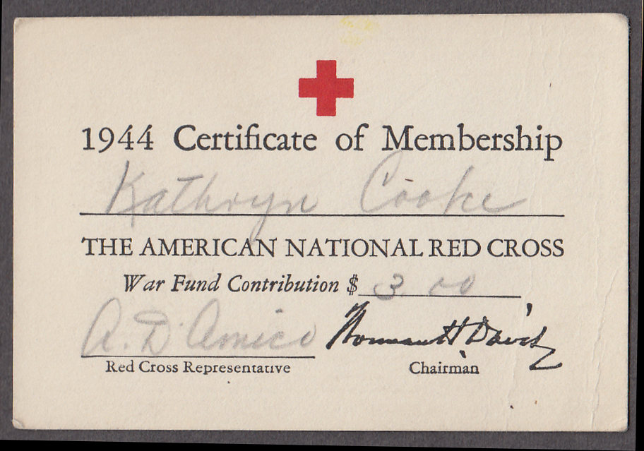1944 American National Red Cross Membership Card & Pocket Calendar 1944