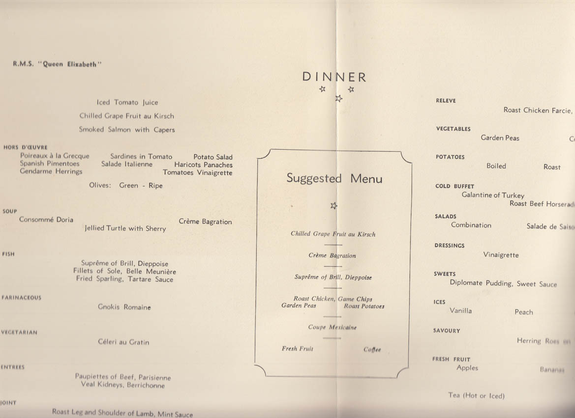 Cunard Line R M S Queen Elizabeth Dinner Menu 8/8 1958 Cabin Class