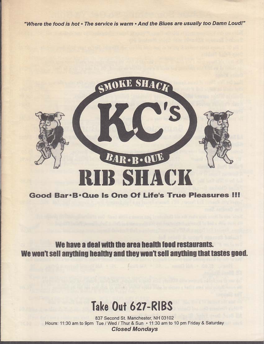 KC's Smoke Shack Bar-B-Que Rib Shack Menu Manchester NH ca 1980s