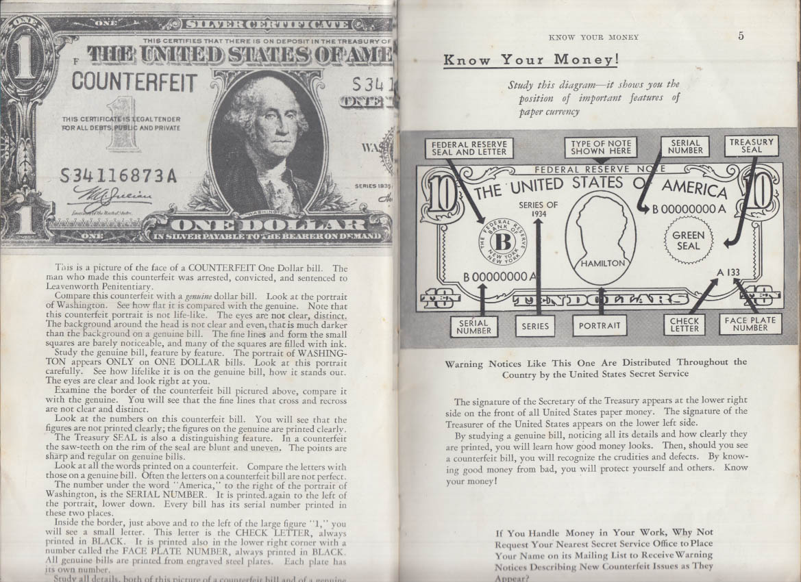 US Secret Service Know Your Money: Detect Counterfeit booklet 1942